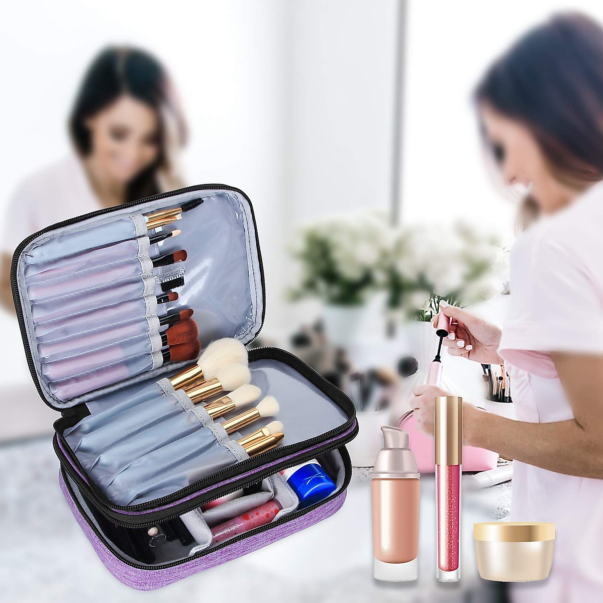 Teamoy Travel Makeup Brush Case(up to 8.8"), Professional Makeup Train Organizer Bag with Handle Strap for Makeup Brushes and Makeup Essentials-Medium, Purple(No Accessories Included)
