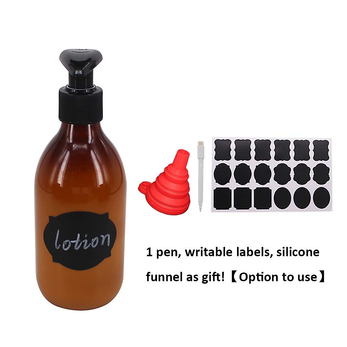zmybcpack 8 Pack 8OZ Empty Plastic Pump Lotion Bottles with 1 Pen, Labels & Silicone Funnel, Amber Color Lotion Dispenser with Locking Lotion Pump for Body Wash, Shampoo, Massage Lotion, Gel