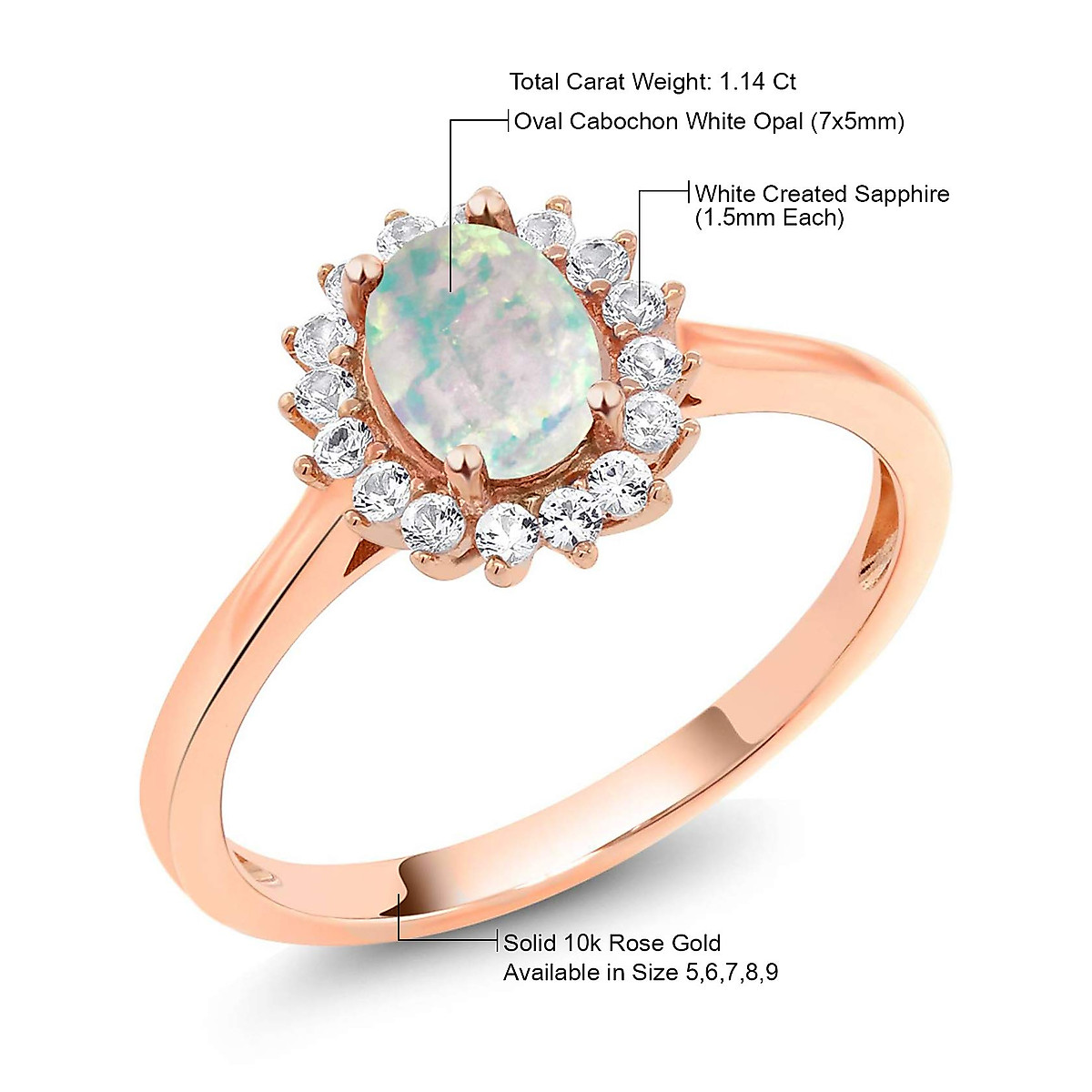 Gem Stone King 10K Rose Gold Cabochon White Simulated Opal and White Created Sapphire Engagement Ring For Women (0.87 Cttw, Available In Size 5, 6, 7, 8, 9)