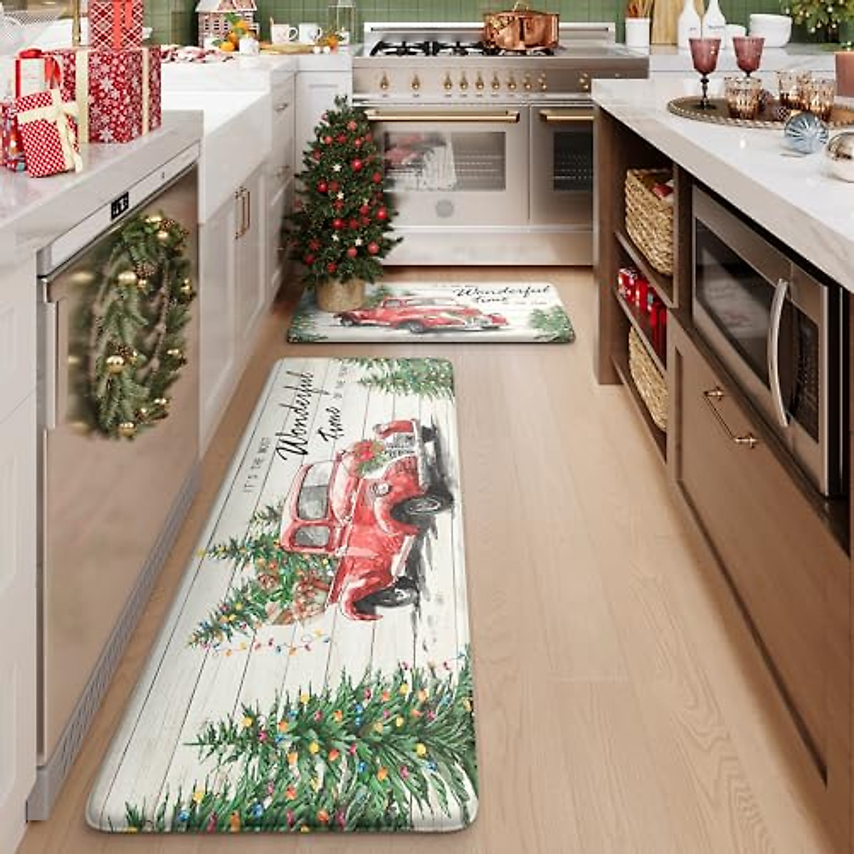 KIMODE Christmas Kitchen Rugs Set of 2,Red Truck Xmas Tree Kitchen Rugs and Mats,Anti Fatigue Non Slip Kitchen Floor Mat,Farmhouse Comfort Standing Mat,Christmas Decorations for Home Kitchen