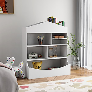 RASOO Kids Bookshelf with Storage Toy Storage Organizer with Bookcase, 4-Tier Freestanding Open Multi-Bins Toys&Books Display Organizer for Playroom, Bedroom, Nursery, School, White