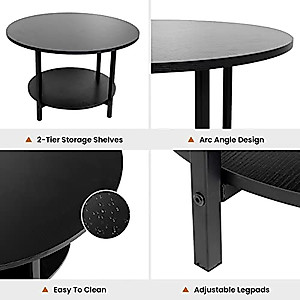 TOYSINTHEBOX Round Coffee Tables, Accent Table Sofa Table Tea Table with Storage 2-Tier for Living Room, Office Desk, Balcony, Wood Desktop and Metal Legs, Black 27.6 Inches