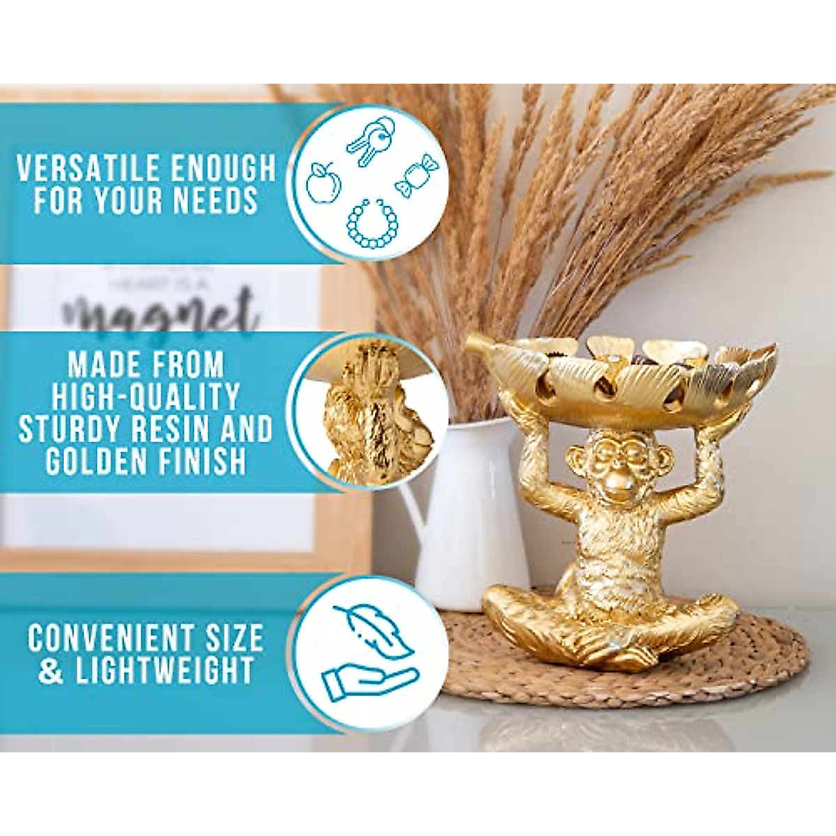 Adorable “Monkey” Candy Tray Made of Resin – Monkey Sculpture w/Split Leaf Dish for Snacks, Nuts, Candies & More – Decorative Holder w/Golden Finish for Keys or Jewelry – Ornament for Modern Decor