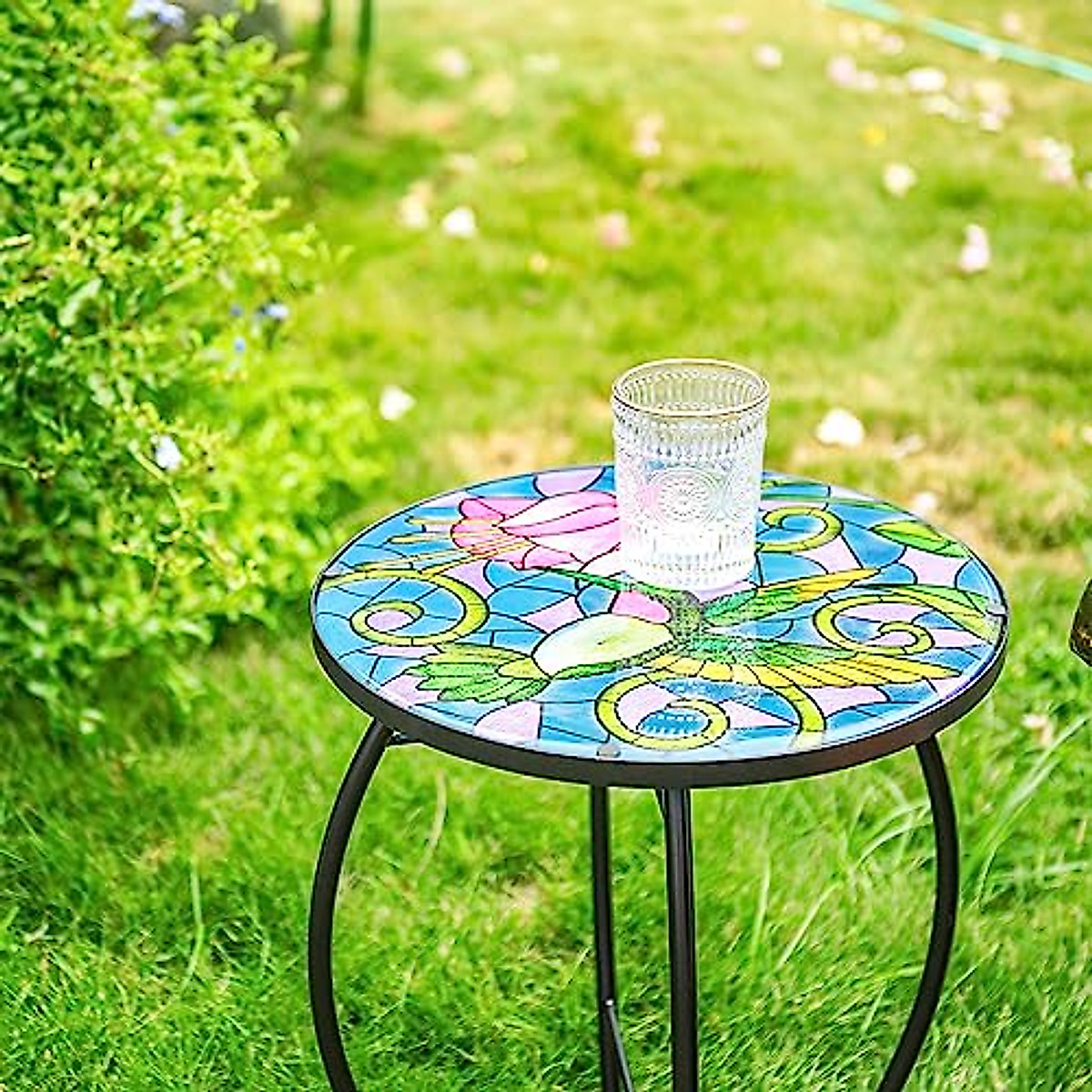 VCUTEKA Mosaic Patio Side Table Outdoor Accent Table Bistro Coffee Table Plant End Table Small Porch Table Indoor Round Glass Balcony Hummingbird Plant Table Stands
