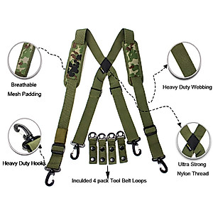 MELOTOUGH Tactical Duty Belt suspenders Police Suspenders Law Enforcement for Duty Battle Belt Suspenders with Padded Adjustable tool belt Suspenders Camo Green