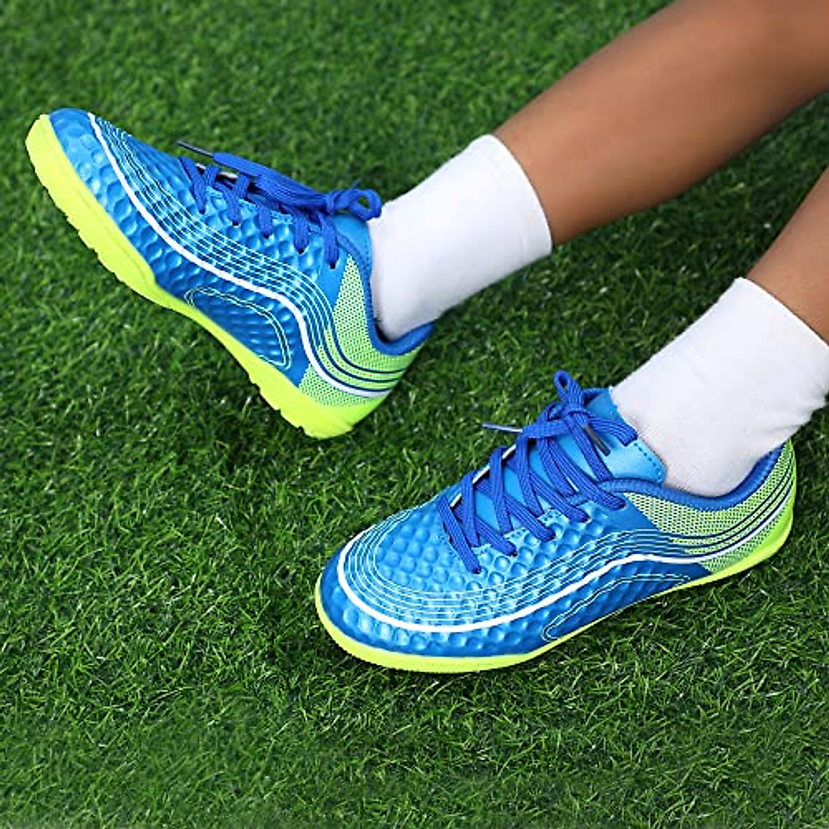 Hawkwell Kids Indoor Comfortable Soccer Shoes(Toddler/Little Kid/Big Kid), Blue PU, 2 M US