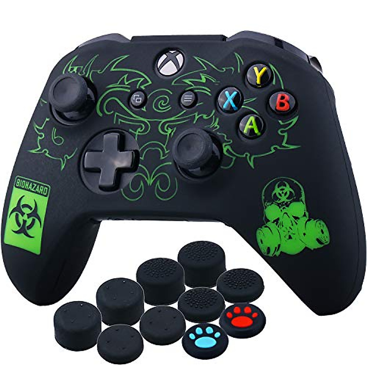 YoRHa Laser Carving Silicone Cover Skin Case for Xbox One S/Xbox One X Controller x 1(BH) with Thumb Grips x 10