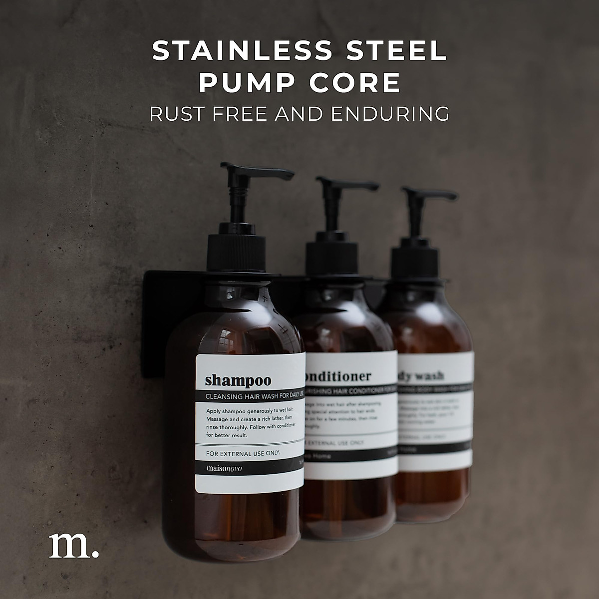 MaisoNovo Shampoo and Conditioner Dispenser - 3 Plastic Amber 3 Wall Mount Black - 3 Plastic Black 3 Wall Mount Black