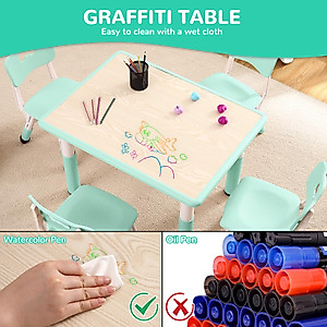 MilleLoom Kids Table and 4 Chairs Set, Height Adjustable Desk for Ages 2-8,Arts & Crafts Table,Graffiti Desktop, Non-Slip Legs, Max 300lbs, Children Multi-Activity Table for Classrooms,Daycares,Home