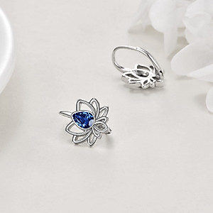 WINNICACA Lotus Leverback Earrings for Women Sterling Silver Flower Lotus Dangle Drop Earrings with Created Sapphire Lotus Jewelry Lotus Gifts for Teens Birthday Anniversary