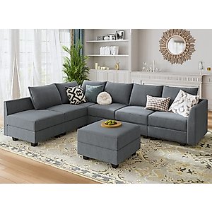 HONBAY Modular Sectional Sofa with Storage Ottoman Fabric Modular Couch with Reversible Chaise 6-Seater L Shape Corner Sofa Sectional Couch, Bluish Grey