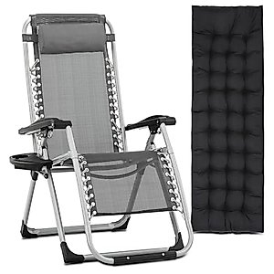 MoNiBloom Beach Chaise Lounge Chair, Patio Folding Recliner with Removable Cushion, Headrest & Tray, Portable Tanning Sunbathing Chair for Poolside Beach Porch Yard, Reinforced Bar, 330lbs Grey