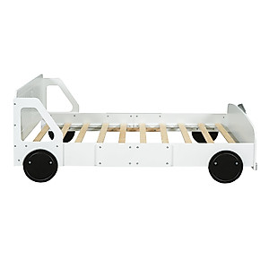MiHunnor Kids Race Car Bed, Full Size Car-Shaped Platform Bed with Wheels, Wooden Low Platform Bed with Sturdy Slat Support for Boys Girls, No Box Spring Needed (White-002)