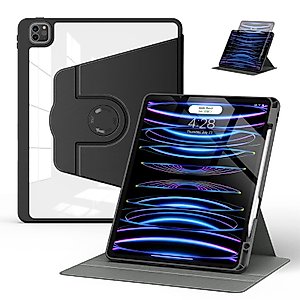 Soke Hybrid Rotating Case for iPad Pro 12.9 Inch (6th/5th/4th/3rd Generation, 2022/2021/2020/2018) - 360 Degree Rotating Stand + Pencil Holder + Auto Sleep/Wake, Shockproof Clear Back Cover,Black