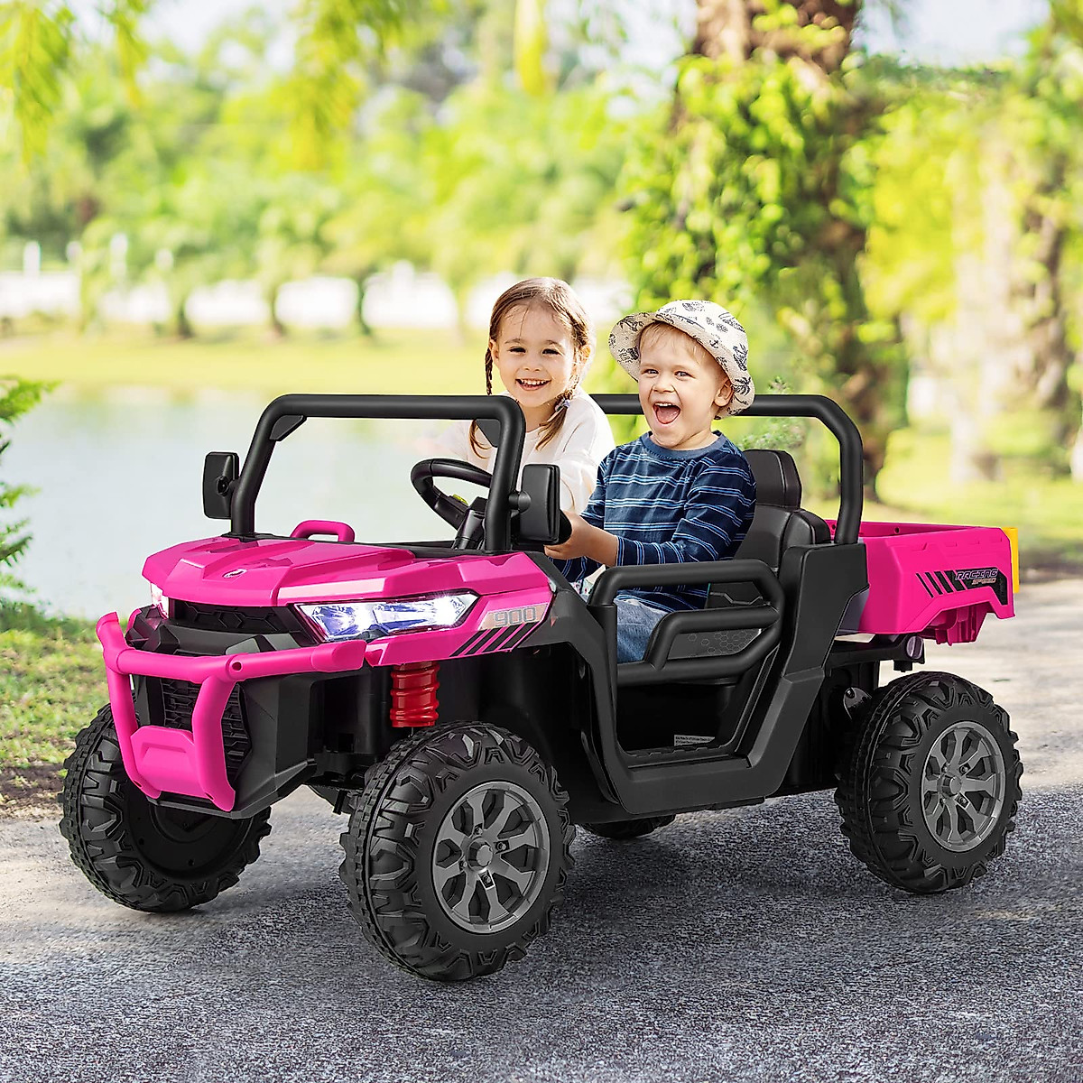 OLAKIDS 2 Seater Ride On Car, 12V Off-Road UTV Electric Vehicle with Remote Control, Dump Bed, Extra Shovel, Music, USB, AUX, Rocking Function, Kids Toddlers Battery Powered Truck (Pink)