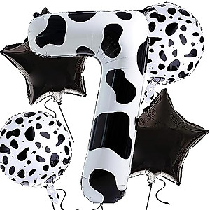 5 Cow Print Balloon Birthday Decorations Supplies,40 Inch Number Balloon 7 White Cow Print Balloons,Western Cowgirl Cowboy Theme Balloons for 7th Birthday Party,Farm Barn Decor for Kids,Baby Shower