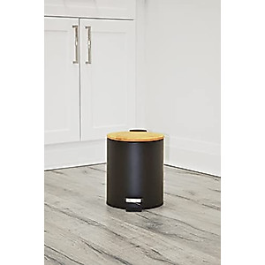 AQ Round Metal 5 Liter/1.3 Gallon Step Trash Can with Removable Liner & Soft Close Lid, Small Garbage Pedal Waste Bin for Bathroom, Bedroom or Office - Matte Black & Bamboo
