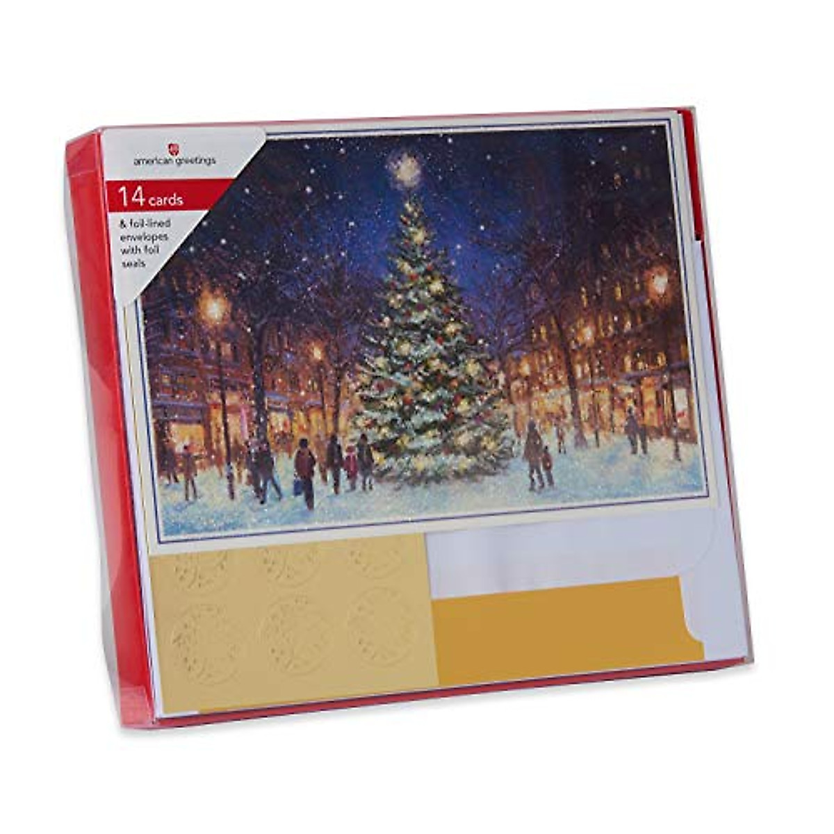 American Greetings Bulk Boxed Christmas Cards Premium City Street Scene Gold Foil-Lined White Envelopes, 14 Pack, One Size, Multicolored