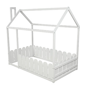 Harper & Bright Designs Kids House Beds, Twin Floor Bed with Fence Wood Cabin Bed Frame Can be Decorated for Kids, Teens, Girls, Boys, White