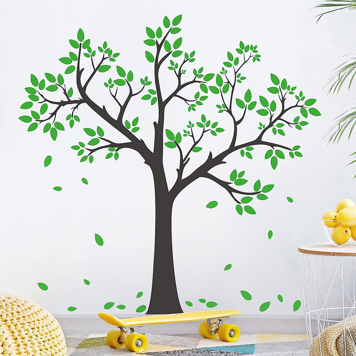 Buiory Giant Tree Wall Decal Removable Falling Green Leaves Wall Sticker DIY Peel and Stick Art Decor Black Tree Wall Sticker for Baby Kids Girls Bedroom Classroom Nursery Walls Background Decorations