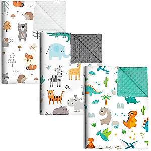 3 Pack Baby Blanket for Boys Girls Soft Minky Blanket with Double Dotted Backing Printed Dinosaur Woodland Animal for Toddler Baby Newborn Blanket Shower Gifts (30 x 40 Inch)