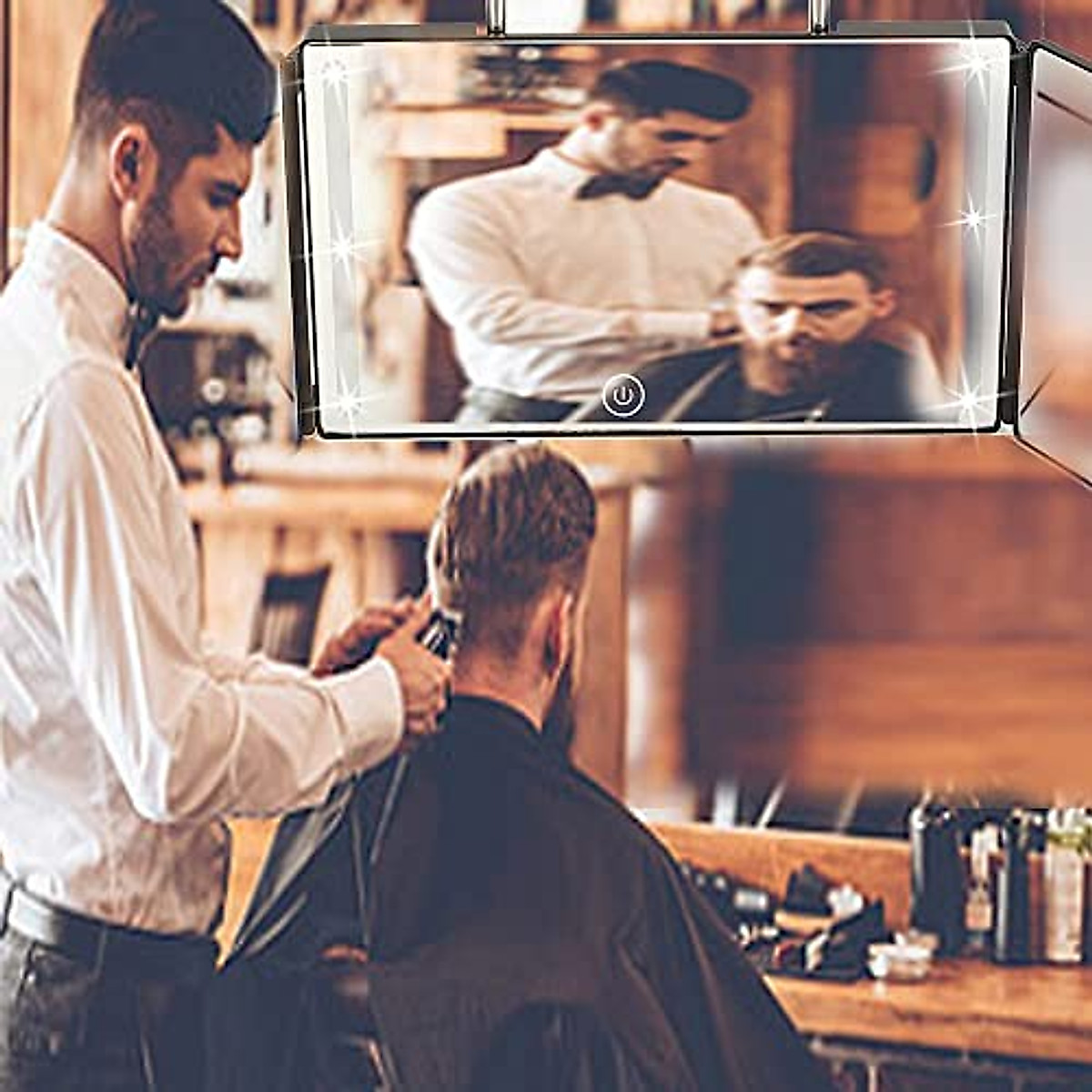 angilifan 3 Way Mirror for Hair Cutting, 360° Illuminated Trifold Makeup Mirror for Self Hair Styling, Adjustable DIY Haircutting Tool to Trim or Shave (with led)