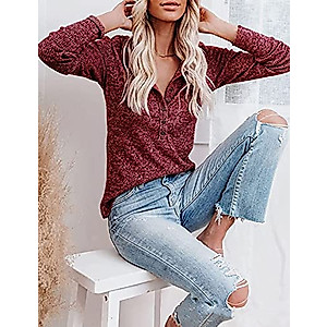 Women's Long Sleeve Henley Tops Pullover V Neck Button Loose Casual T Shirts (Small, Red Wine)