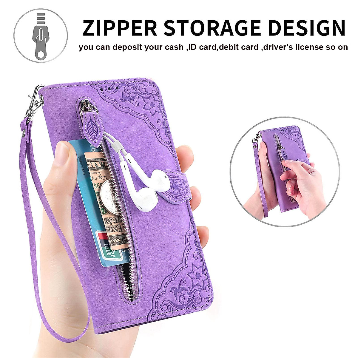 KRHGEIK for Samsung Galaxy S21 5G Phone Case Wallet for Women,Emboss PU Leather Cover Magnetic Wrist Strap Zipper Card Holder Flip Protective Case (Purple)