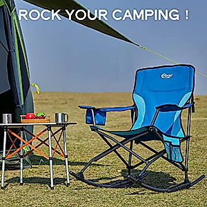 PORTAL Folding Camping Rocking Chair Portable Outdoor Rocker High Back Cup Holder Side Pocket Carry Bag Included, Support 300 lbs (Blue)