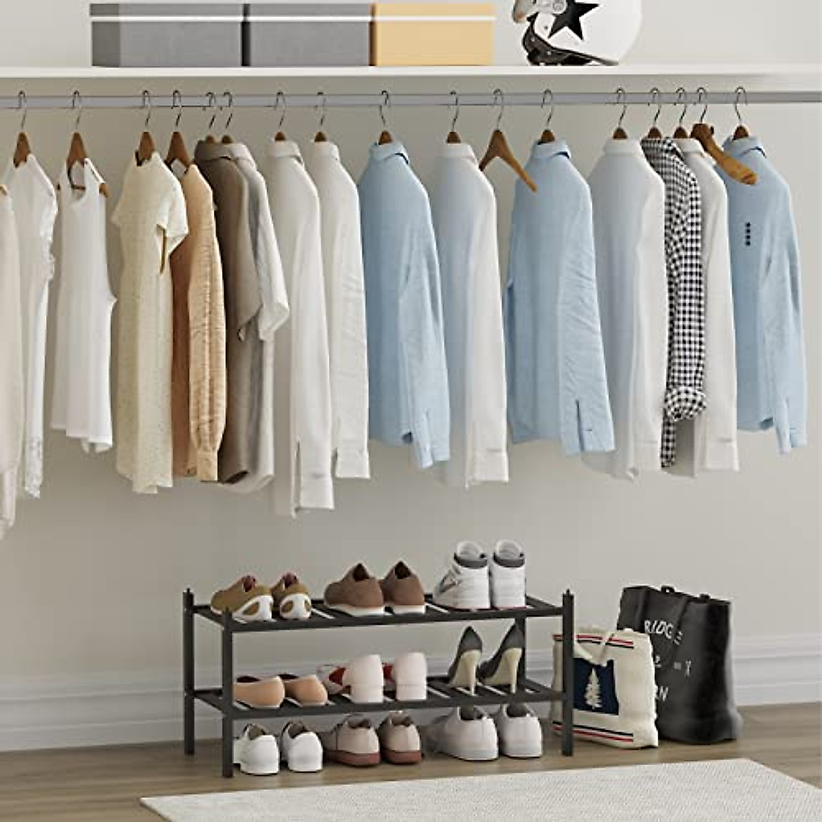 Dranixly 2 Tier Shoe Rack, Bamboo Stackable Shoe Shelf Storage Organizer for Entryway, Hallway, Closet and Living Room (Black)