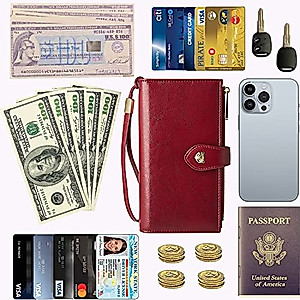 FOXLOVER Large Capacity Clutch Wallet For Women RFID Blocking Waxed Leather Multi Card Holder Organizer (Wine Red)