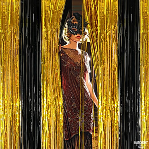 KatchOn, Xtralarge Black and Gold Streamers - 8x3.2 Feet, Pack of 2 | Black and Gold Fringe Curtain for Black and Gold Party Decorations | Black and Gold Backdrop, Graduation Decorations 2024