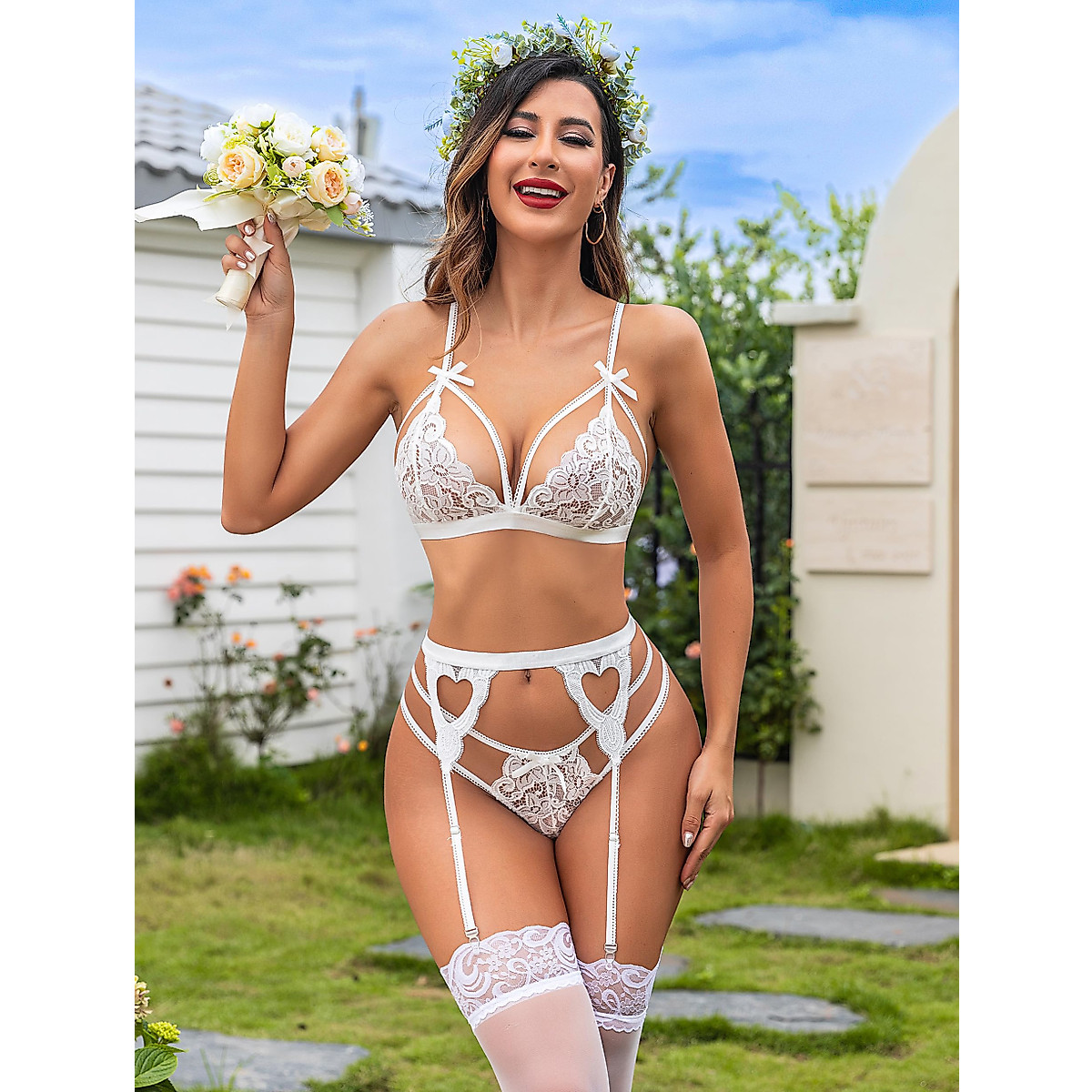 Aranmei Lingerie for Women 4 Piece Lingerie Set Lace Bow Front Garter Belt and Stockings Bra and Panty Sets Sexy Lace Bodydoll Lingerie (White Medium)