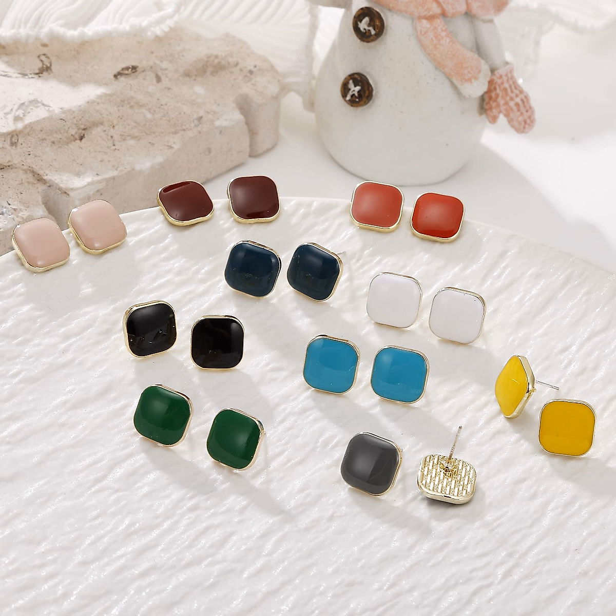 RUOFFETA Small Square Stud Earrings, Pure Colors Square Button Earrings for Women Enamel Square Post Earrings Delicate Pierced Earrings(White)