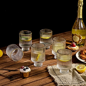 G Meridian Tumbler Glasses set of 6, 11.5 oz Clear with Gold Rim Durable Drinking Highball Cup for Water Soda Juice Milk Coke Beer Spirits Iced Beverage Vintage Style Home Office Desk Everyday Use