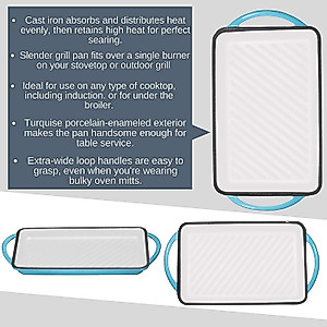 Enameled Cast-Iron Rectangular Grill Pan with Ridges, Oven Safe, Non-Stick Coating, Loop Handles, 9.5" x 13.5", Enameled Blue