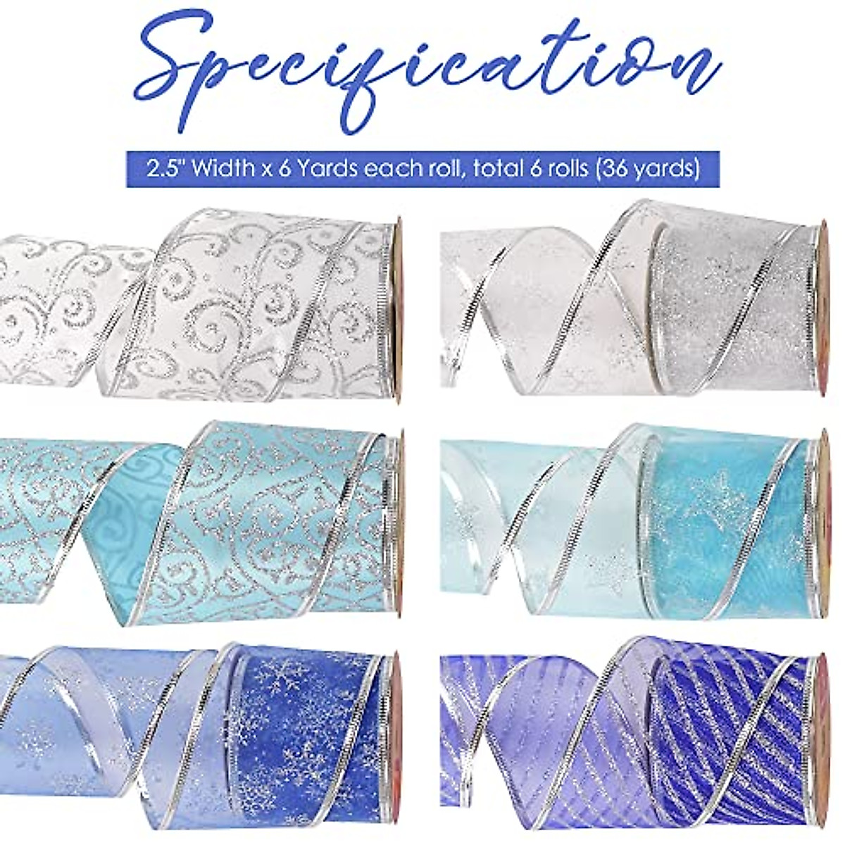 AIMUDI Blue and Silver Christmas Ribbon Wired 2.5" Ice Blue Christmas Tree Ribbon Garland 6 Rolls 36 Yards Turquoise Blue Ribbon for Christmas Tree Topper Bows, Crafts, Gift Wrapping, Wreaths