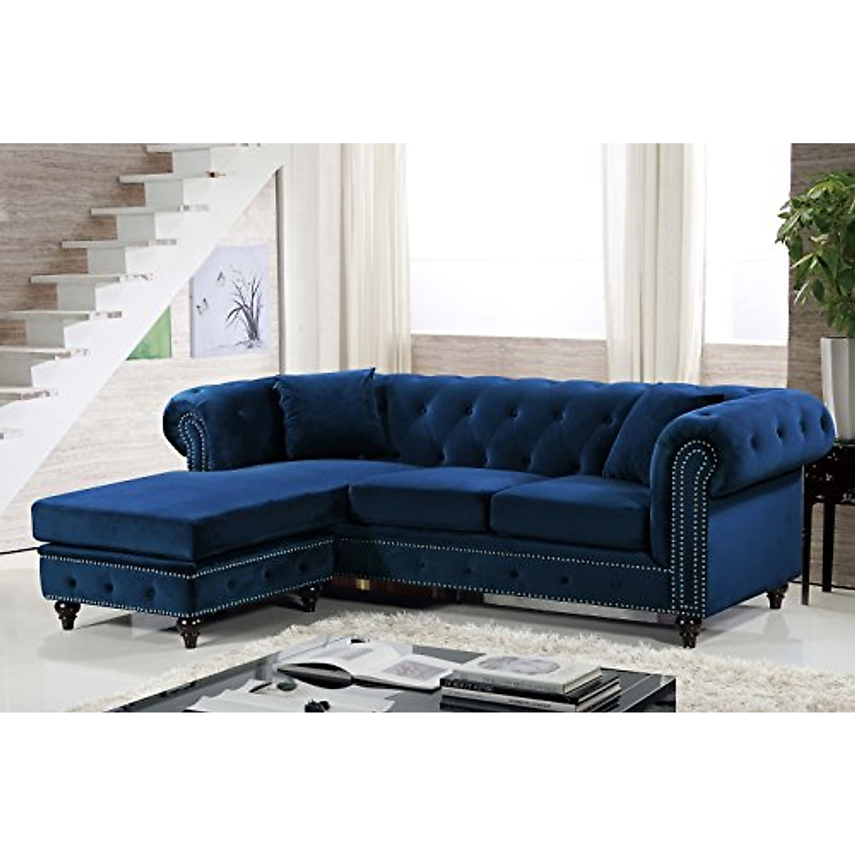 Meridian Furniture Sabrina REVERSIBLE 2 Piece Button Tufted Velvet Sectional with Scroll Arms, Nailhead Trim, and Custom Wood Legs, Navy