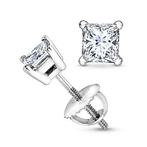 Houston Diamond District 1/2 Carat 14K White Gold Solitaire Stud Earrings Princess Cut 4 Prong Screw Back (I-J Color, I2 Clarity)
