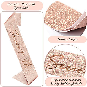 8pcs Sweet 16 Birthday Decorations for Girls, Including 16th Happy Birthday Cake Toppers, Birthday Queen Sash with Pearl Pin, Sweet Rhinestone Tiara Crown, Number Candles and Balloons Set, Rose Gold