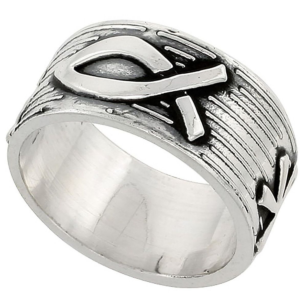 Sterling Silver Labarum Ring for Men Chi-Rho symbol Christian Fish Motif Handmade 3/8 inch wide size 13