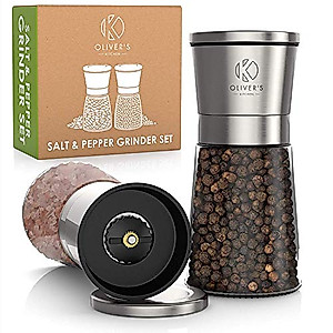 Oliver's Kitchen ® Salt & Pepper Grinder Set - 2X Premium Quality Ceramic Grinders - Easy to Fill & Use - Season to Perfection with Adjustable Coarseness - Large Capacity - Refill Less Often