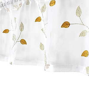 Fragrantex White Gold Leaf Embroidered Sheer Valance 15 Inches Floral Small Cafe Curtain for Kitchen Short Silver Curtain for Bay Window Bathroom and Living Room 56" Wx15 L Golden Yellow Rod Pocket