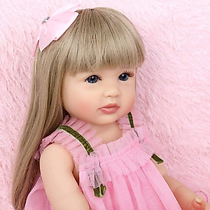 ROSHUAN Reborn Baby Dolls Girl 22 inch Lifelike Realistic Toddler Reborn Doll Silicone Vinyl Full Body Waterproof with Blond Long Hair Pink Dress for Birthday Gifts