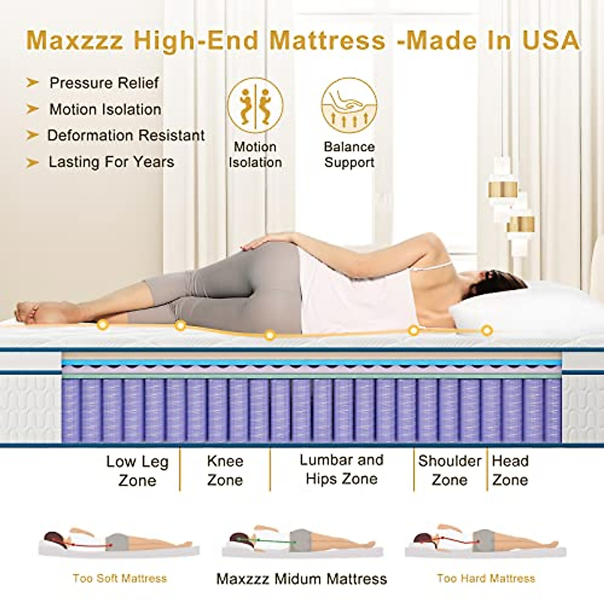 Maxzzz King Mattress, 14 Inch Hybrid Memory Foam Mattress with Individual Pocket Springs, King Mattress in a Box, Pressure Relief & Motion Isolation, Medium Firm Bed Mattress,US-Made