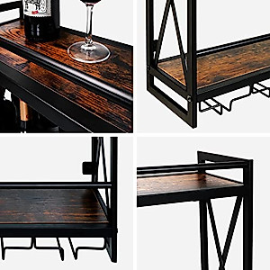 Farmhouse Wall Mounted Wine Rack, Industrial Vintage Hanging Wine Shelf, 2-Tier Solid Wood Wine Rack with Stemware Glasses Holder, Multipurpose Storage Display Shelf for Kitchen Living Room Cafe Bar