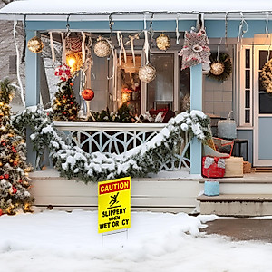 Caution Slippery When Wet or Icy - 8 x 12 Double Sided Coroplast Warning Slippery When Wet Sign - Caution Ice Sign - Caution Wet Floor Sign Yellow