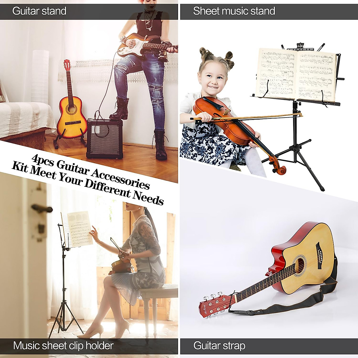 Sheet Music Stand with Guitar Stand, Guitar Gig Bag, Guitar Strap and Music Sheet Clip Holder, for Acoustic Classical Guitar, Bass(5pcs Kit)
