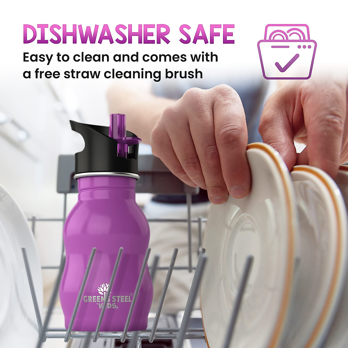 Kids Water Bottle with Straw & Handle, 12 oz Silver- Eco Friendly Toddler Cups with Straws - Easy Sip Metal Water Bottle for Kids - Cute Stainless Steel Water Bottles for Children - Leak Proof Lid