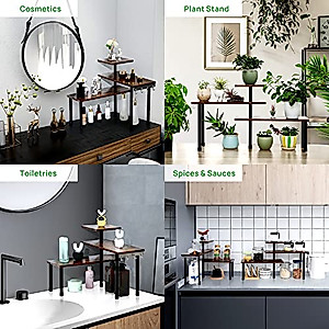 Ollieroo Kitchen Counter Shelf Organizer, 3 Tier Corner Shelf Bathroom Countertop Organizer with Hooks, Space Saving Makeup Organizer Spice Rack Corner Plant Shelf